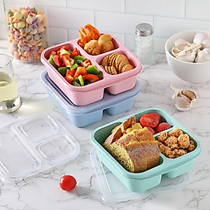 MONGSEW 3PCS Stackable Snack Box with 3 Compartments, Lunch Containers & Bento Box for Kids and Adults (3Pack, 3Colors)