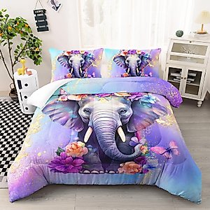 AILONEN 3D Elephant Comforter Set Queen Size, Beautiful Elephant with Flowers Bedding Set for Kids,Boys,Girls,Watercolor Purple Butterfly Duvet Set,3-Piece,1 Quilt + 2 Pillowcases