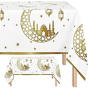 Oojami 3pk Ramadan Eid Mubarak Table Cover Includes 1 Crescent and Star Banner, Ideal for Ramadan and Eid (White)