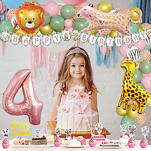 Fiesec Four Ever Wild Birthday Decorations Girl, Jungle Safari Animal Theme 4th Party Decorations Backdrop Balloons Garland Banner Cake Cupcake Topper Poster Crown Lion Cheetah Giraffe Pink 117 PCs