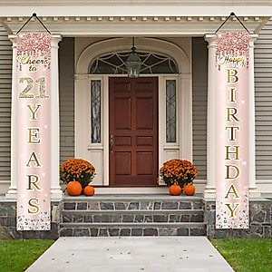 21st Birthday Door Banner Decorations for Her, Pink Rose Gold Happy 21 Birthday Door Porch Backdrop Party Supplies, Happy Birthday Cheers to 21 Years Sign Decor