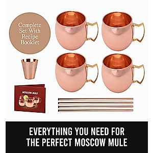 will's Moscow Mule Copper Mugs - Set of 4-100% Pure Solid Copper Mugs - 16 oz Premium Gift Set with 4 Cocktail Copper Straws, Shot Glass and Recipe Booklet (Set of 4)
