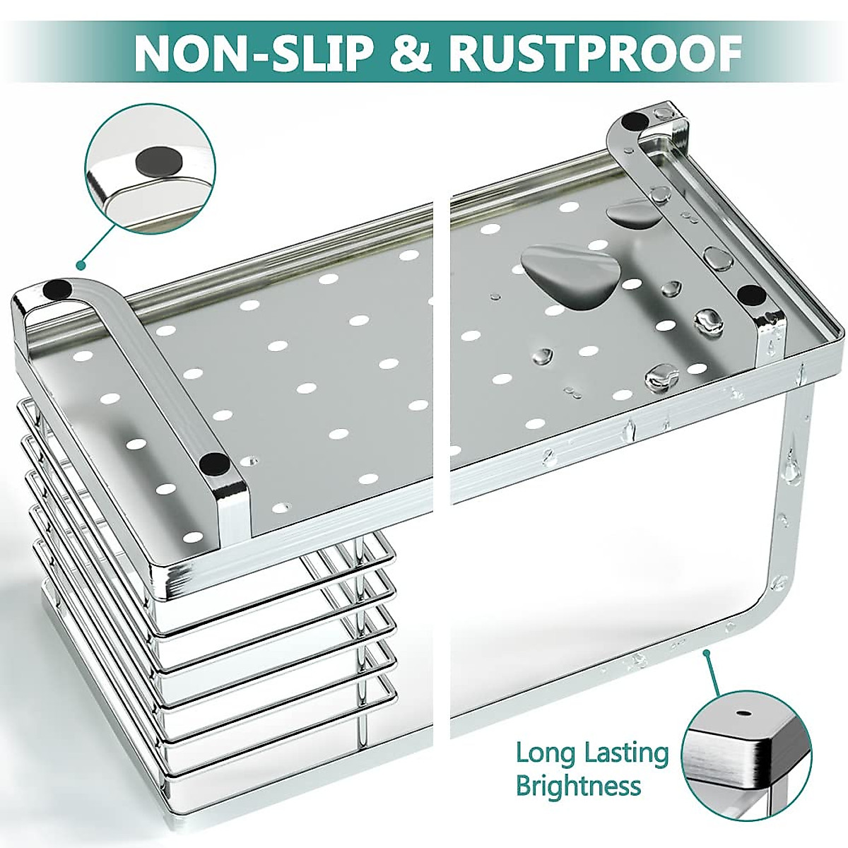 SUNESY Kitchen Sink Caddy for Holding Soap Dispensers & Sponge, Multifunctional Kitchen Sponge Holder with Removable Tray, Rustproof 304 Stainless Steel Kitchen Sink Organizer with Great Storage