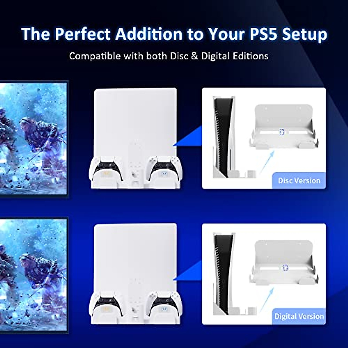 NexiGo PS5 Accessories Wall Mount with DualSense Charging Station, Stable Metal Wall Hanging Stand with LED Charging Indicator for Playstation 5 Console (Disc & Digital), White