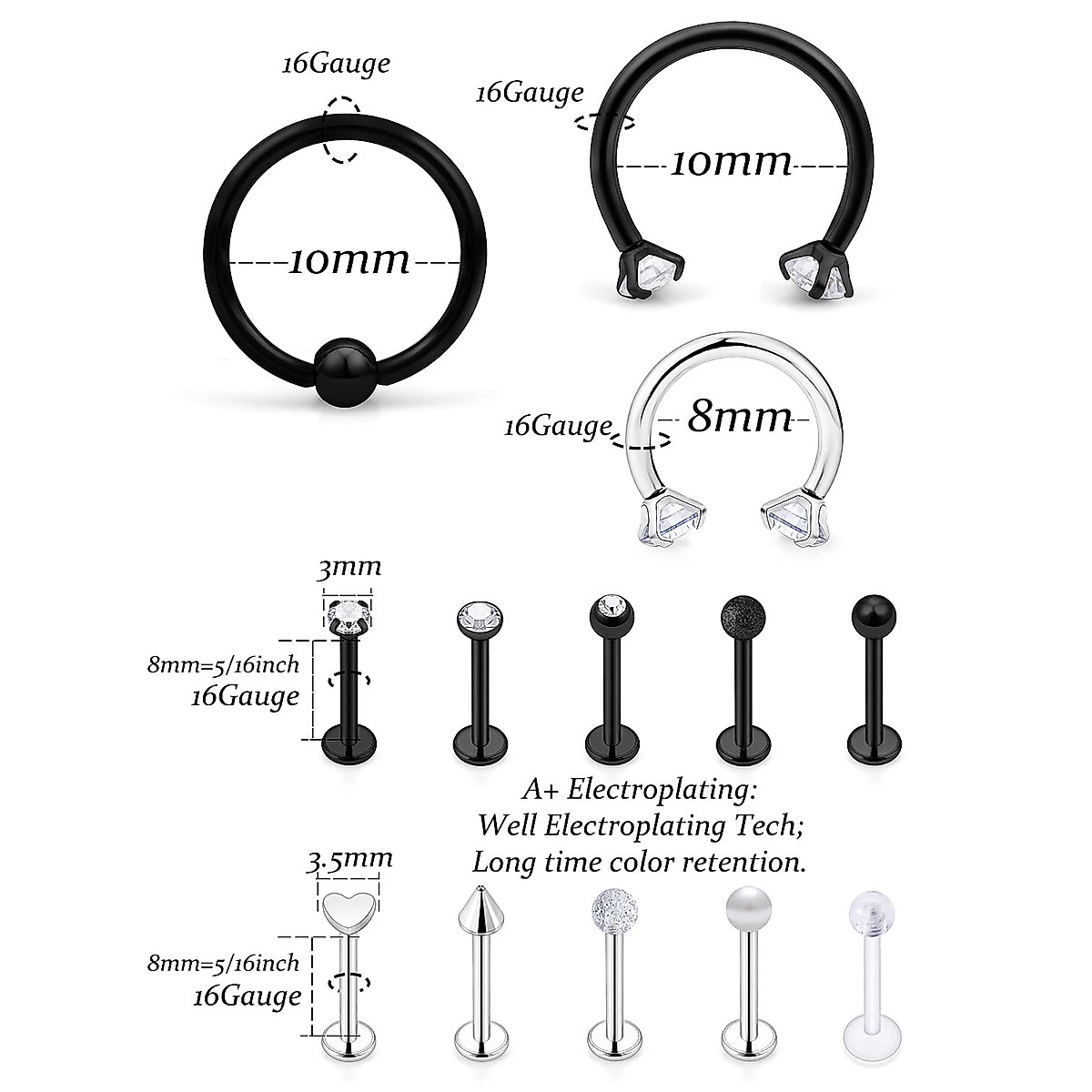 Vsnnsns 16G Lip Rings Stainless Steel Horseshoe Labret Monroe Lip Rings Nail Cartilage Tragus Helix Earrings Studs Septum Ring Medusa Piercing Jewelry Retainer for Women Men Silver Black 8mm