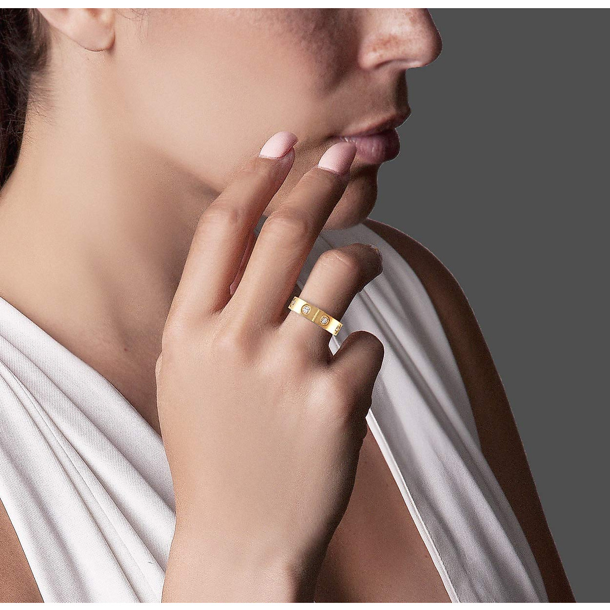 B.Tiff Yellow Gold Plated Stainless Steel Round 8-Stone 8mm Wide Promise Wedding Engagement Band Love Ring Fashion Jewelry for Women Men Unisex, Size 7