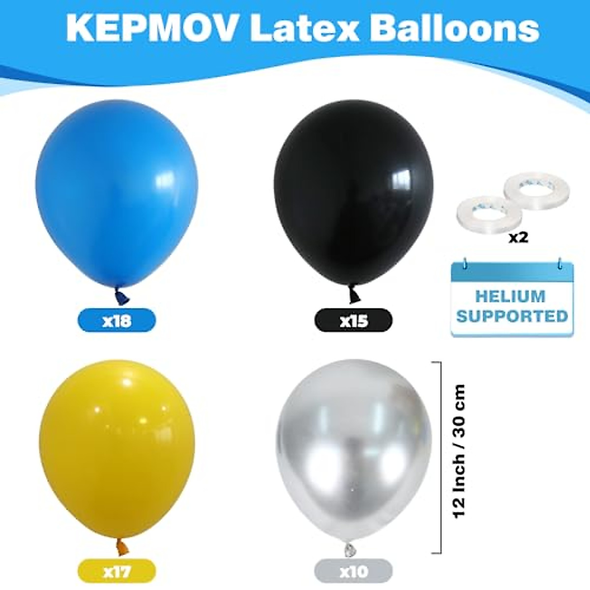 Balloons Blue Yellow and Black 60 Pcs, 12 Inch Dark Blue Yellow and Black Latex Balloons with Metallic Silver Balloons for Boys Police Robots Bat Hero Birthday Graduation Halloween Party Decorations