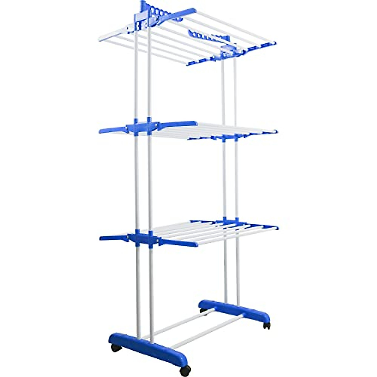 Foldable Clothes Drying Racks with Storage Shelves, Garment Rack with Rolling Free-Standing Clothing Rack Closet Organizer with Double Rods/Lockable Wheels & 2 Pairs Side Hooks (Blue)