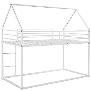 Harper & Bright Designs Twin Over Twin House Bunk Bed with Built-in Ladder, Metal Low Bunk Bed for Kids Girls Boys - White
