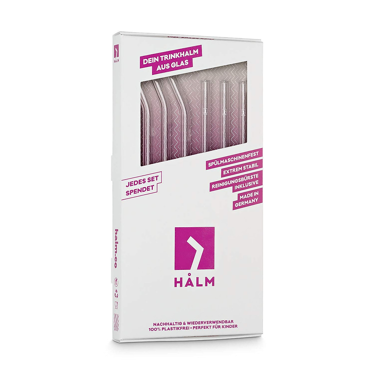 HALM Glass Straws - Variety Pack: 6 Reusable Drinking Straws in 2 Sizes + Plastic-Free Cleaning Brush - Made in Germany - Dishwasher Safe - Eco-Friendly - Perfect for Smoothies