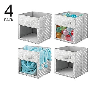 mDesign Fabric Nursery/Playroom Closet Storage Organizer Bin Box, Front Handle/Window for Cube Furniture Shelving Unit, Hold Toys, Clothes, Diapers, Bibs, 4 Pack, Gray/White Polka Dot