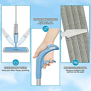 MEXERRIS Microfiber Spray Mop for Floor Cleaning Wet Dry Mop 360 Degree Spin Microfiber Dust Mop Hardwood Floor Mop with 410ML Refillable Bottle Include 3 Microfiber Reusable Pads and 1 Scrubber