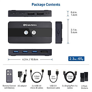 Cable Matters USB 3.0 KVM Switch DisplayPort 1.4 for 2 Computers with 8K@60Hz / 4K@240Hz Display Port Video & 3X 5Gbps USB Ports, FreeSync, G-SYNC and HDR Support - RF Remote Control Switch