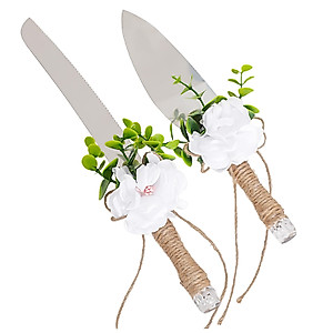 Wedding Cake Knife and Server Set of 2, Rustic Style Stainless Steel Bride and Groom Cake Cutting Utensils with Eucalyptus Leaves and White Roses, Pie Cake Pizza Shovel Cutter, A
