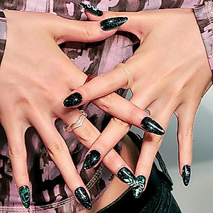 Press on Nails Medium - GLAMERMAID Gothic Ombre Dark Green Glue on Gel Nails with Snake and Eyes Design, Short Almond Reusable UV Finish 24Pcs Fake Nails Acrylic False Nails Manicure Kits for Women Gift