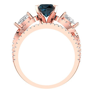 Clara Pucci 2ct Round Cut Solitaire 3 stone Natural London Blue Topaz Engagement Promise Anniversary Bridal Ring Band set 14k Rose Gold 5