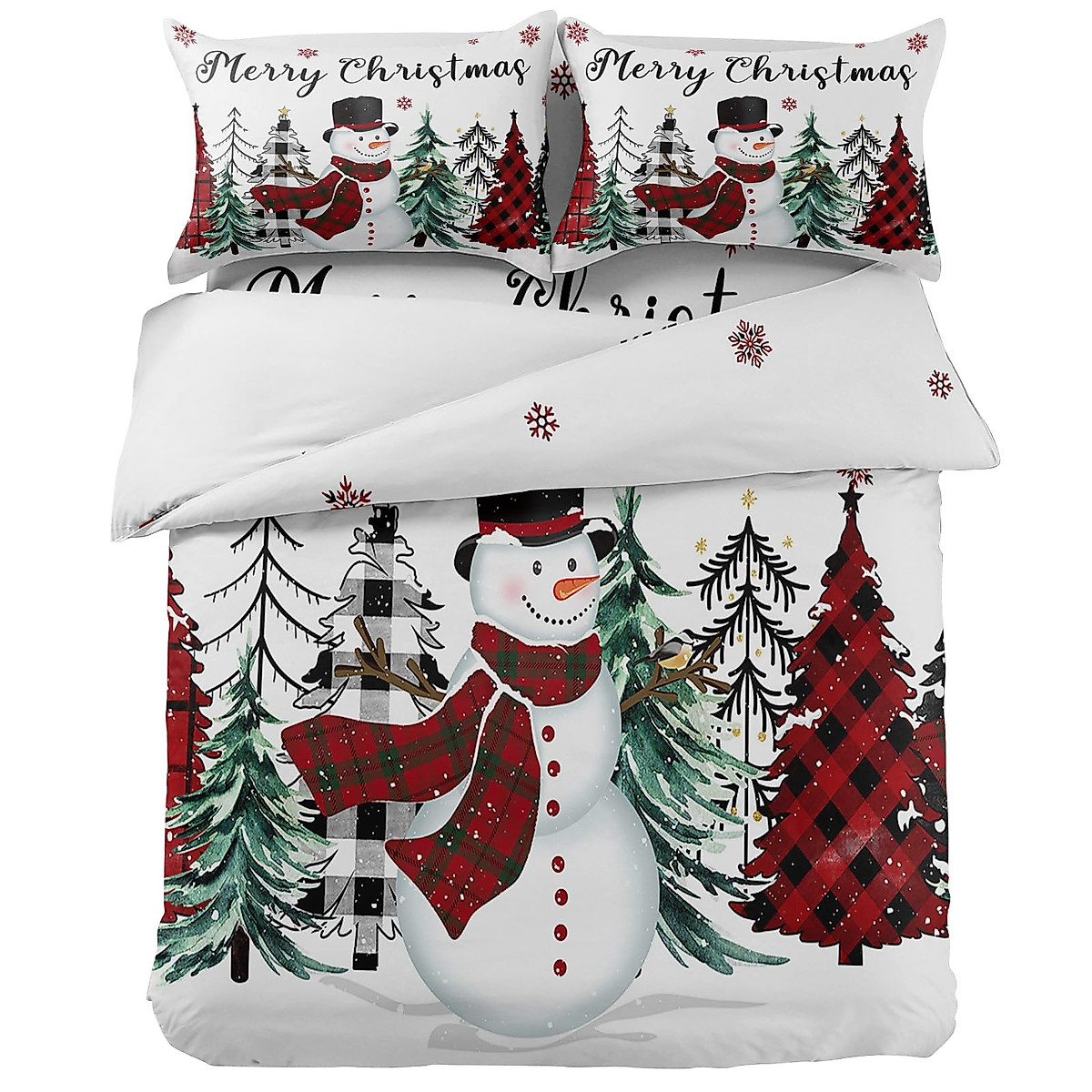 Merry Christmas Snowman Winter Snowflake Duvet Cover Sets 4 Piece Queen Ultra Soft Bed Quilt Cover Set for Kids/Teens/Women/Men,Plaid Xmas Tree Bedding Collection All Season Use