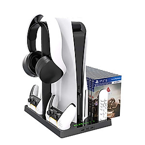 Vertical Stand for Playstation 5 with 2 Cooling Fan, 2 Charging Station for PS5 Digital/CD-ROM Edition Console with 15 Game Storage, 1 Pulse 3D Headset Holder, 1 Media Remote Storage (Black)