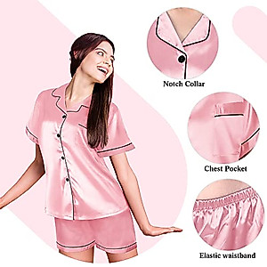 Unittype Women Silk Satin Pajama for Bridal Spa Wedding Party Short Sleeve Sleepwear Soft Button Down Loungewear 2 Pcs Pjs (as1, alpha, l, Pink)