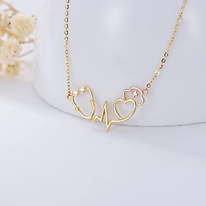 Rikelus 14K Gold Stethoscope Necklace for Women,Real Gold Nurse Doctor Pendant Necklace Jewelry Gifts for Medical Students RN Nurse 16+1+1 inch