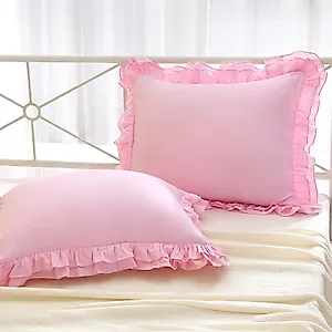 YOKKITA 2 Pack Pink Ruffle Euro Pillow Sham Covers 26x26 inches, 100% Cotton Pillowcases Princess Vintage and Shabby for Girls Bed Gift for Her