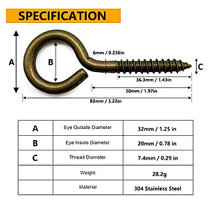 Allkeen 3.2 Inches Bronze Screw Eyes, 8 Pcs Stainless Steel Heavy Duty Screw in Eye Hooks for Indoor Outdoor Use, 200 Lbs Capacity