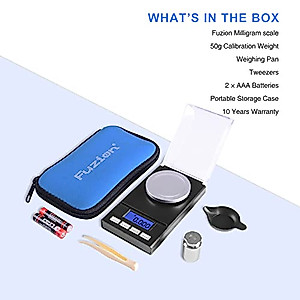 Fuzion Digital Milligram Scale 50g/ 0.001g, Portable Jewelry Scale with LCD Backlit, Tare, Powder Scale, Micro Scale for Powder Medicine, Gold, Gem, Reloading, Batteries Included