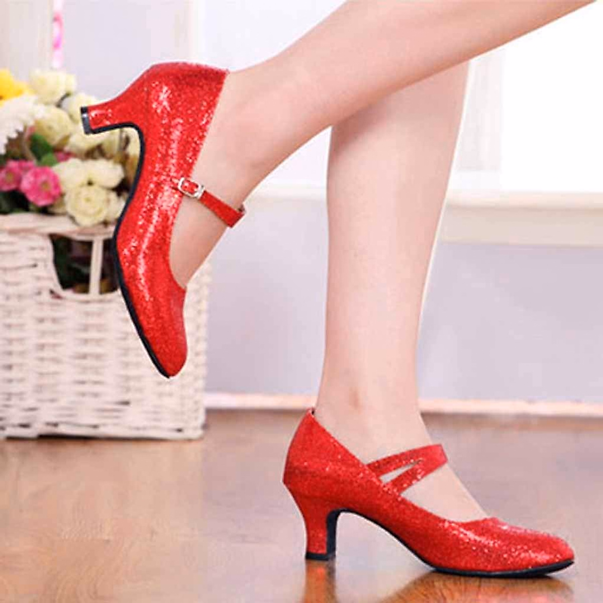 Mid-High Heels Glitter Dance Shoes Women Ballroom Latin Tango Dance Shoes Ladies Pumps (Red, 8)