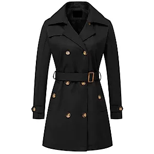 Chrisuno Women's Double-Breasted Trench Coat Classic Lapel Overcoat Slim Outerwear Coat with Belt Black L