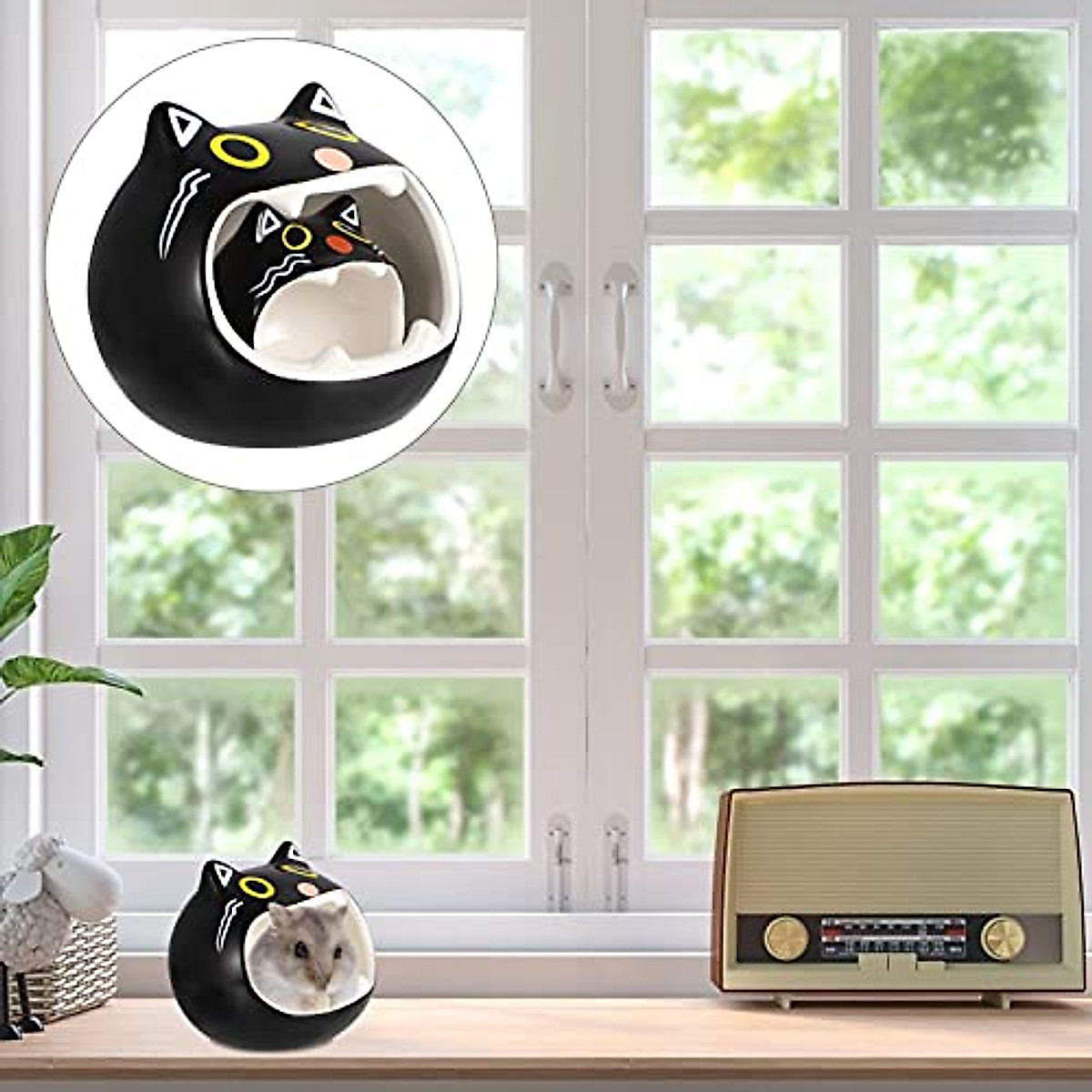 balacoo House- Plate Hedgehog/Chinchilla Cave Hideout Hamster Cat Pig Cartoon Cage Cooling Sand Specter with Guinea Pig/Ceramic and Supplies Adorable Summer Mini Pet Black, Tiny House Accessories