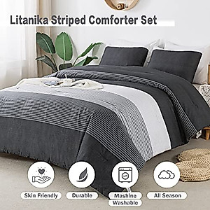 Litanika Full Size Comforter Set Black White Grey - 3 Pieces Lightweight Summer Bedding Set for Boys Men, All Season Down Alternative Comforter (1 Comforter, 2 Pillowcases)