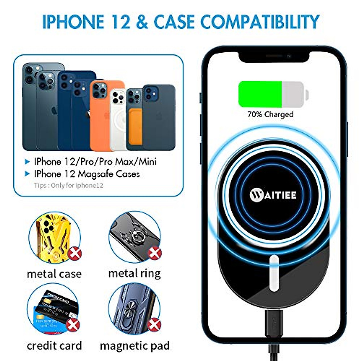 WAITIEE Magnetic Wireless Car Charger Compatible with iPhone 14/13/12 Series Caseless and Magnetic Cases with QC3.0 Adapter, Fast Wireless Car Mount with Secure Air Vent Clamp, Black