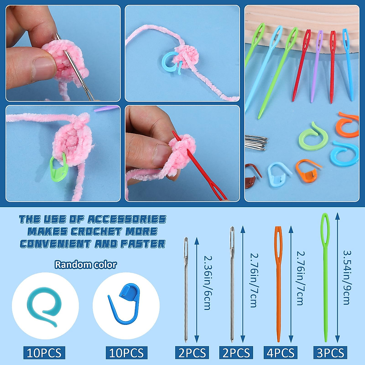 Chenille Yarn, 14OZ Soft Velvet Chenille Yarn for Crocheting and Knitting, Velvet Yarn with Stitch Marker, Big Eye Needles for Scarves, Hats, Blankets DIY Weaving Crocheting HandCrafts Yarn