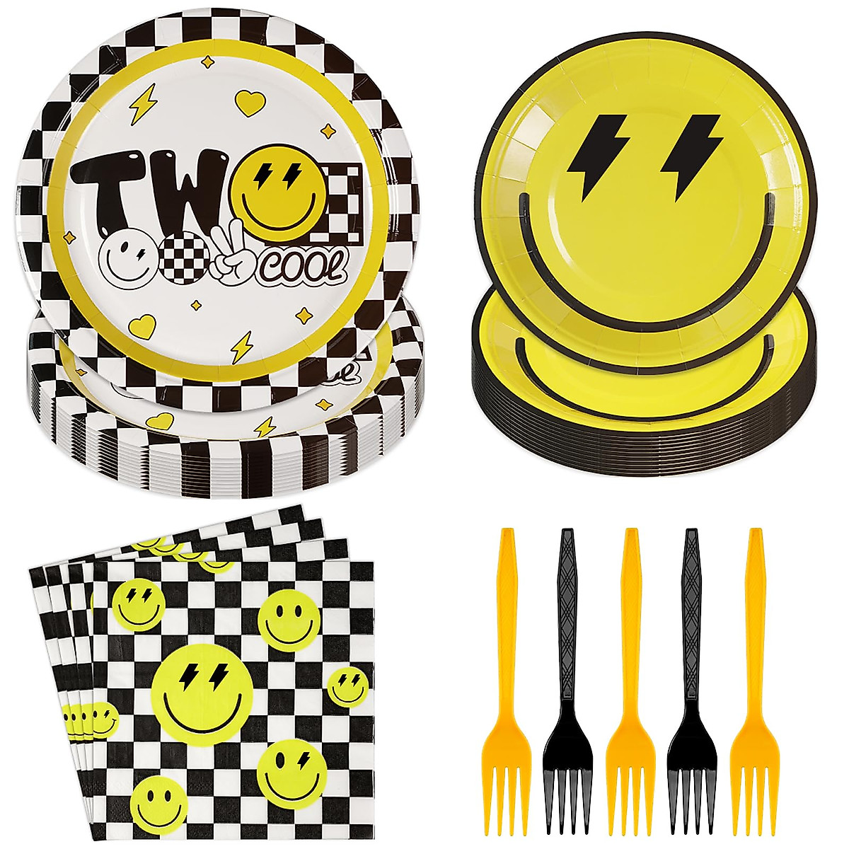 96 Pcs Two Cool Dude Birthday Party Decorations 350 GSM 2nd Birthday Party Supplies Tableware Set for Two Year Old Happy Dude Yellow Black Lightening Checkered Party Baby Shower Decor Serves 24 Guests