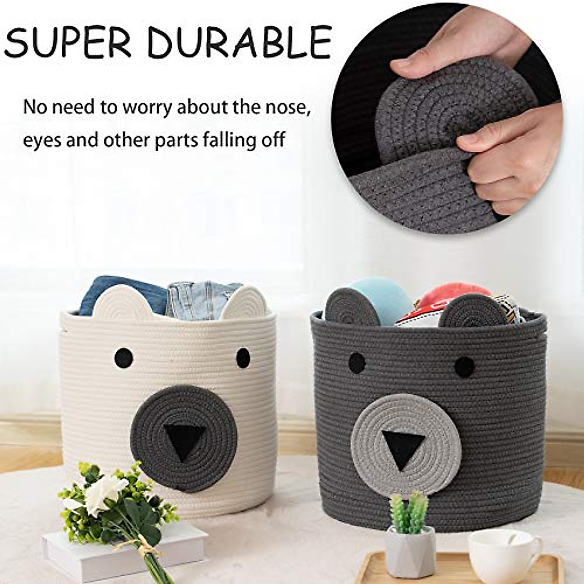 VK Living Cotton Rope Bear Animal Basket Foldable Large Woven Storage Basket Baby Nursery Cute Laundry Hamper for Toys,Blanket, Towels Clothes in Bedroom Living Room White