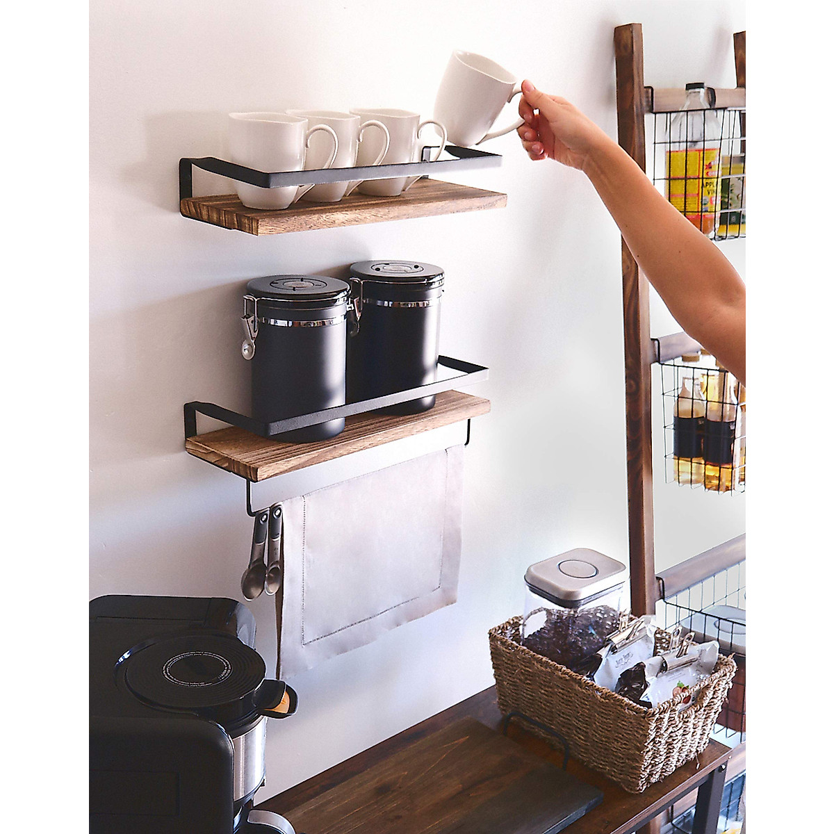 Peter's Goods Rustic Floating Wall Shelves with Rails - Decorative Storage for Kitchen, Bathroom, and Bedroom - Elegant, Modern Shelving - Torched Paulownia Wood, Matte Black Metal Frame - Set of 2