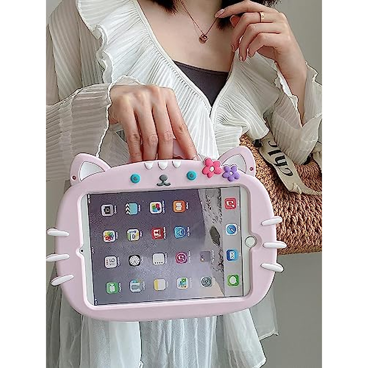 Premium Cute Soft Silicone Cat Pattern Tablet Case with Built-in Foldable Kickstand Shockproof Cover Case for iPad Air 2/ iPad 6/Pro 9.7"