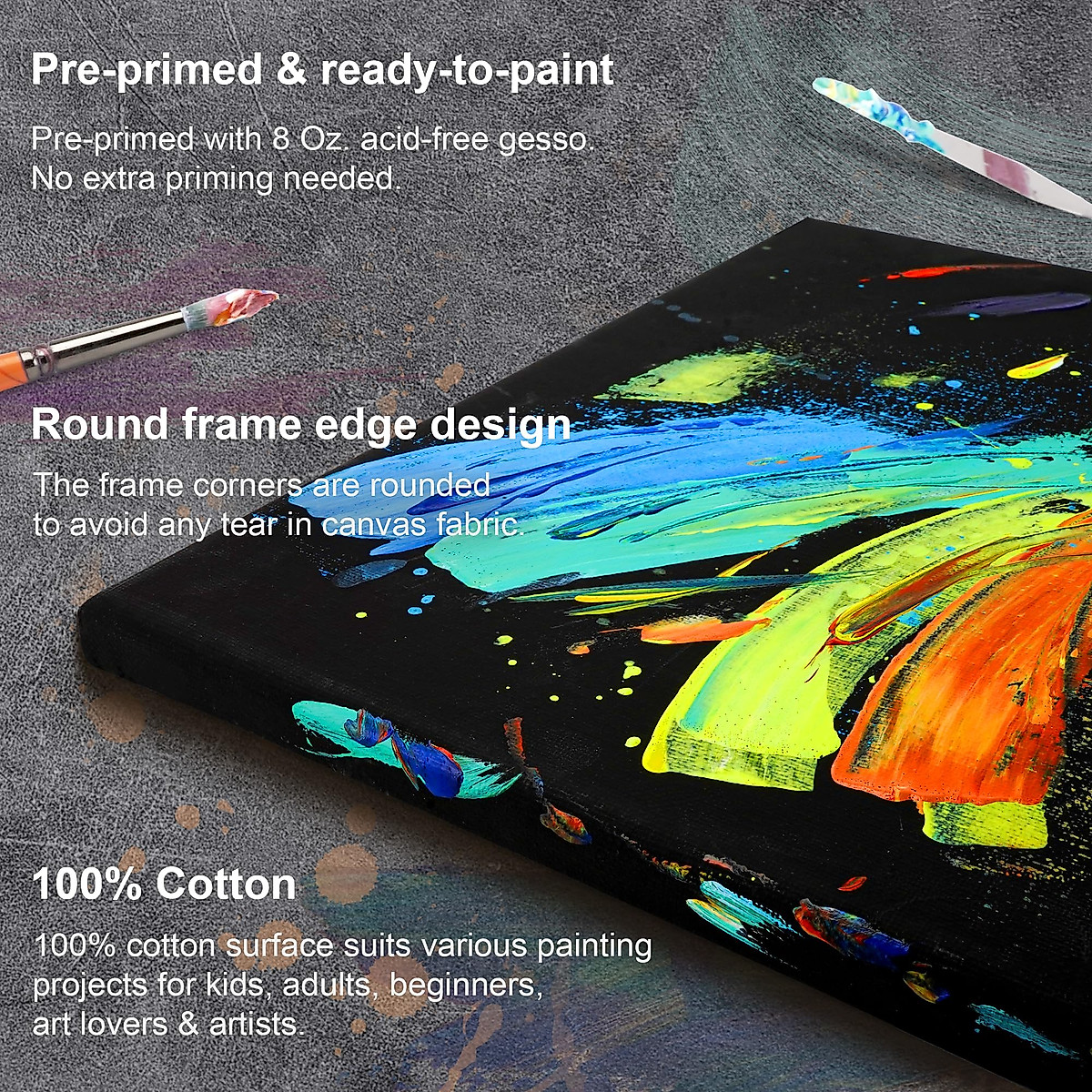 PHOENIX Black Stretched Canvas, 11x14 Inch/4 Pack - 3/4 Inch Profile, 8 Oz Quadruple Gesso Primed 100% Cotton Blank Black Canvases for Acrylic, Oil, Tempera, Metallic, Neon Painting & Crafts