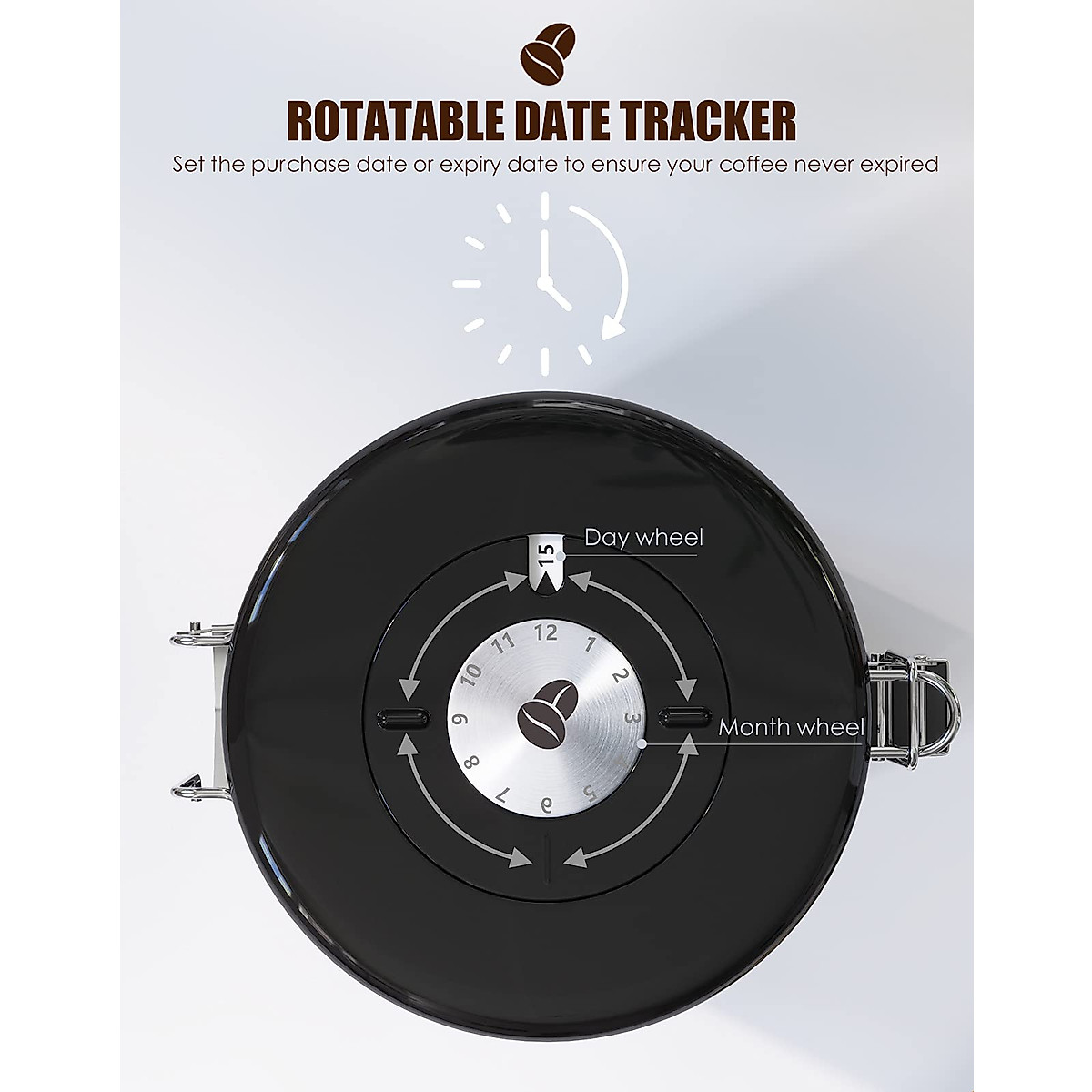 HAIOOU Airtight Coffee Canister, 22OZ Large Stainless Steel Coffee Bean Storage Container with Date Tracker, Measuring Scoop, 6Pcs CO2 Valves and Mini Tongs for Beans, Grounds, Sugar and more - Black