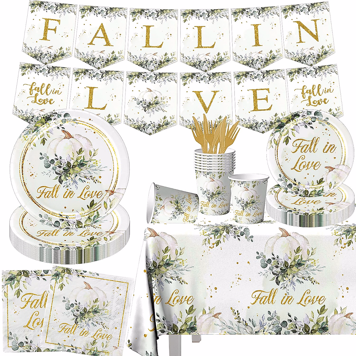 Fall in Love Bridal Shower Decorations Fall Bridal Shower Tableware-142pcs White Pumpkin Greenery Fall in Love Plates Napkins Tablecloth for Wedding Engagement Supplies