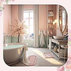 Drydiet 2 Pcs Rose Flowers Coquette Bathroom Rugs Set Coquette Bathroom Bedroom Living Room Decor,Floral Flower Rugs for Bedroom Non Skid Absorbent Romantic Rose Flower Area Rugs 2 Shapes(Pink,Small)