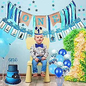 Baby 1st Birthday Boy Decorations with Crown High Chair Banner Cake Smash Party Supplies - Happy Birthday ONE Burlap Banner, No.1 Crown, Glitter Cake Topper