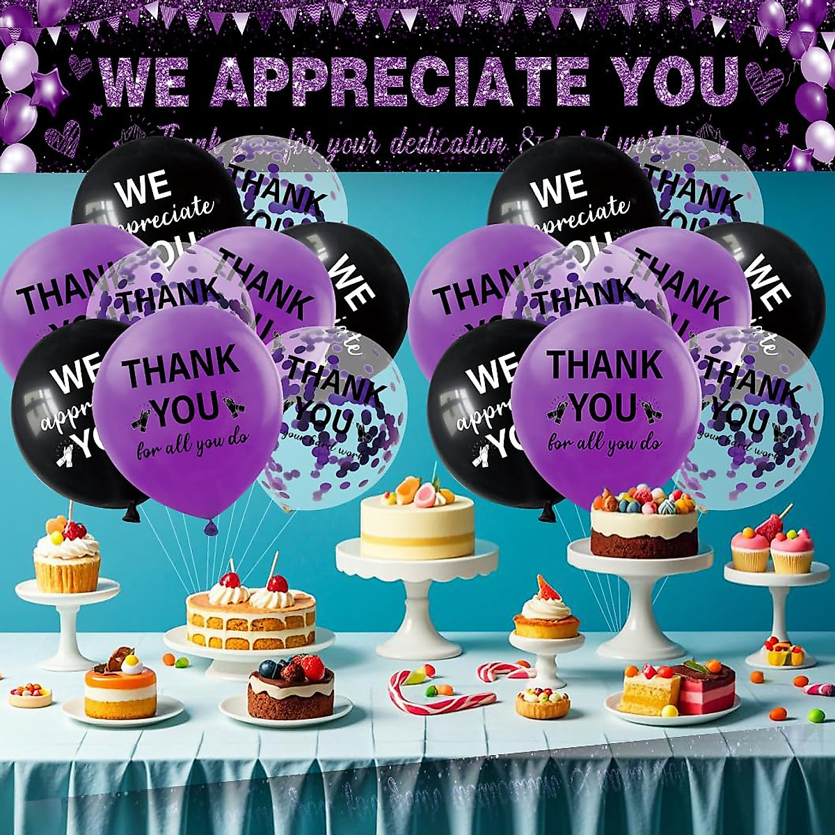 We Appreciate You Decorations Purple Black We Appreciate You Banner with 18 Balloons Thank You Yard Sign for Teacher Employee Staff Poaster Doctors Nurse Volunteer Appreciation Week Party Decor