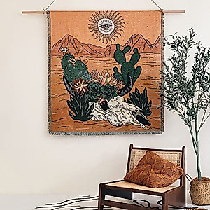 tiowik Cactus Desert Throw Woven Blanket with Tassel for Home Decoration Chair Couch Sofa Bed Beach Travel Picnic Cloth Tapestry Shawl Cozy Cotton (Orange 63×51 Inches)