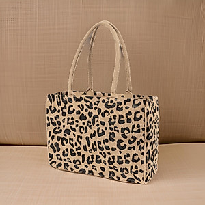 KAF Home Jute Market Tote Bag with Leopard Print, Durable Handle, Reinforced Bottom and Interior Zipper Pocket, Generous capacity, 12.5" tall x 17" wide x 7" deep