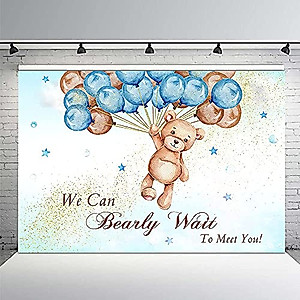 MEHOFOND 7x5ft Bear Boy Baby Shower Backdrop We Can Bearly Wait to Meet You Blue Brown Balloons Gold Glitter Photography Background Party Banner Cake Table Decor Photo Booth Props Supplies
