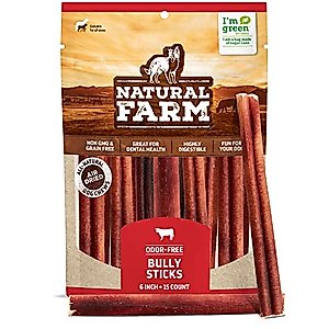 Natural Farm Odor-Free Bully Sticks (6 Inch, 15 Pack), Single Ingredient: 100% Beef Chews, Grass-Fed, Non-GMO, Grain-Free, Fully Digestible Treats for Puppies, Small or Senior Dog