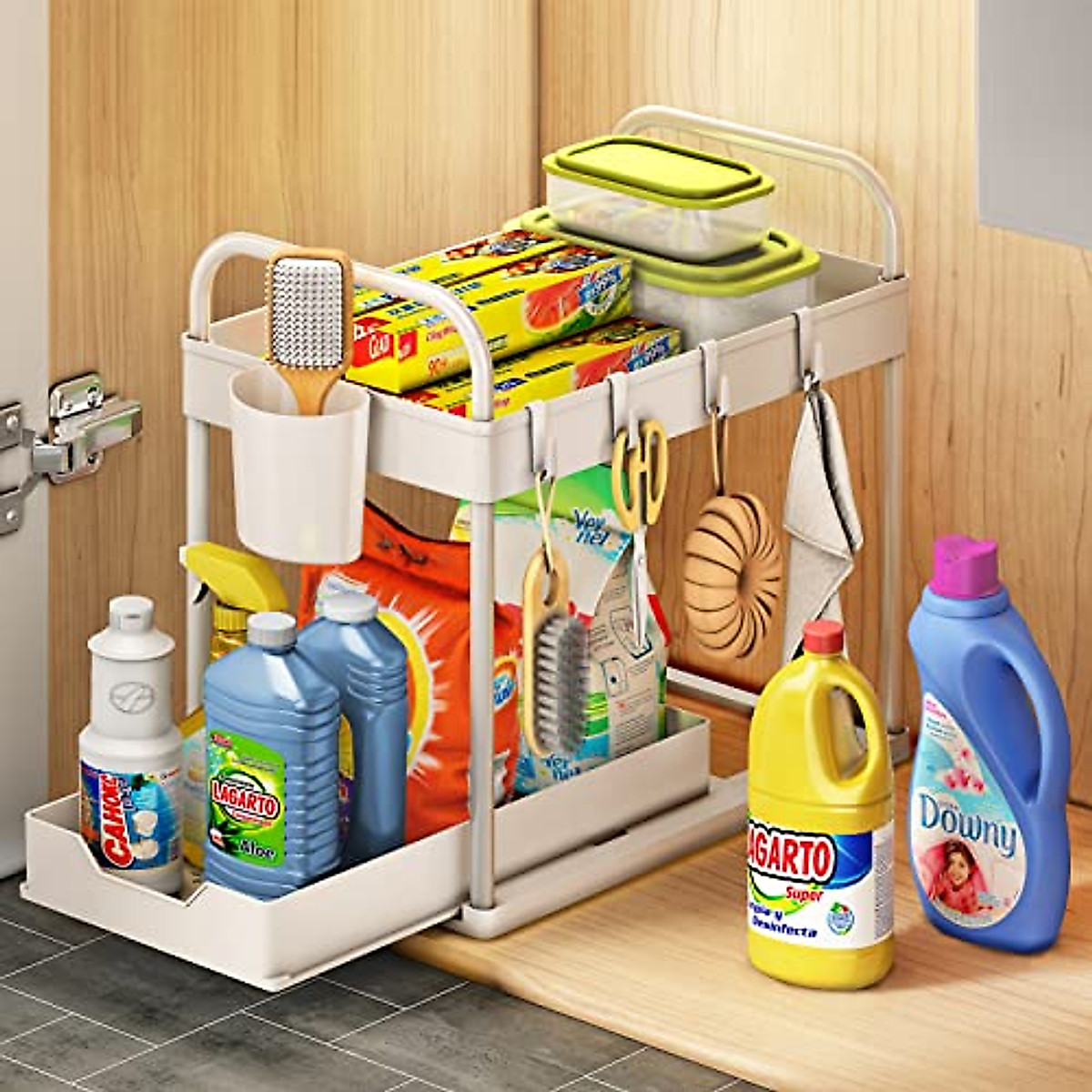 2-Tier Under Sink Organizer, PXRACK Sliding Under Bathroom Cabinet Storage Drawer Basket Organizer Rack with Hooks, Hanging Cup, Handles, Under Sink Shelf Organizer for Bathroom, Kitchen