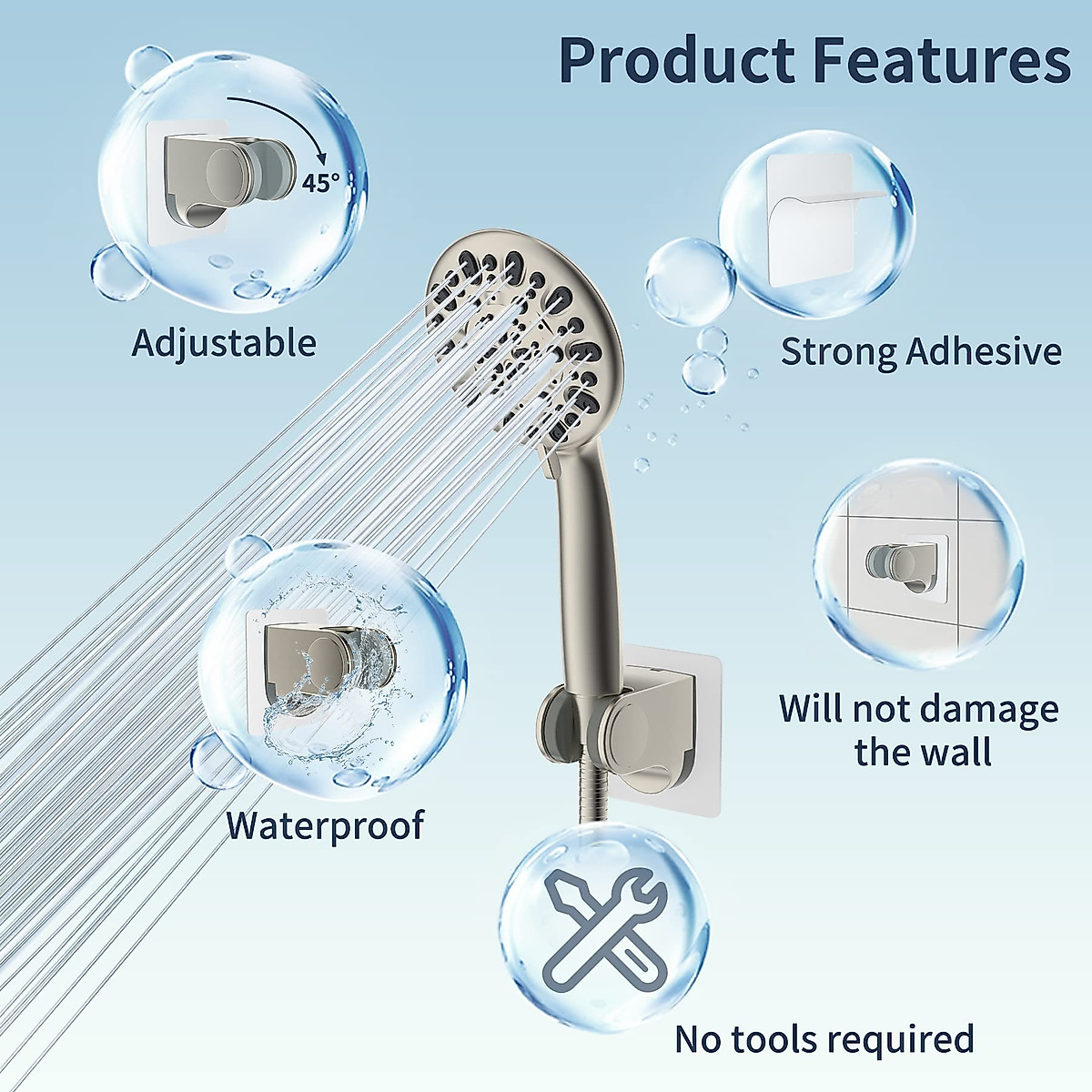Hibbent Shower Head Holder, Strong Adhesive and Waterproof Handheld Shower Holder, Shower Head Bracket, Height Adjustable Shower Wand Holder, Wall Mount, No Drilling, Brushed Nickle