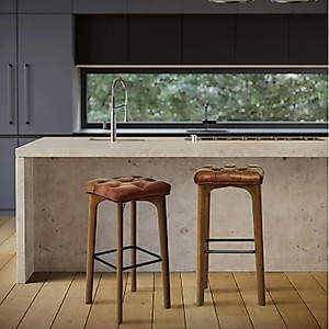 BarEasy Bar Height Stools, 2pcs Leather Wood Bar Stoolst for Kitchen Island(Brown) 1